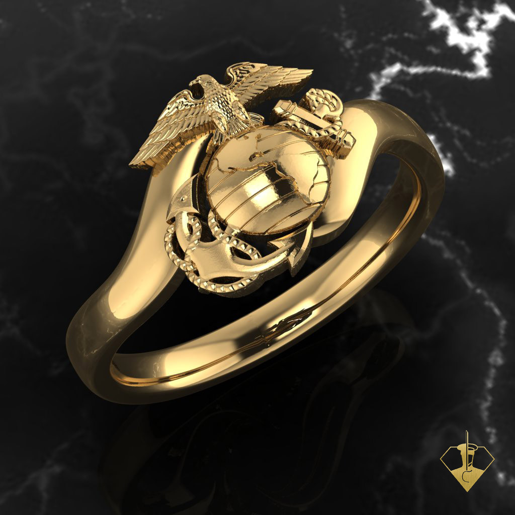 USMC Woman Marines EGA Signet Gold Bypass Ring