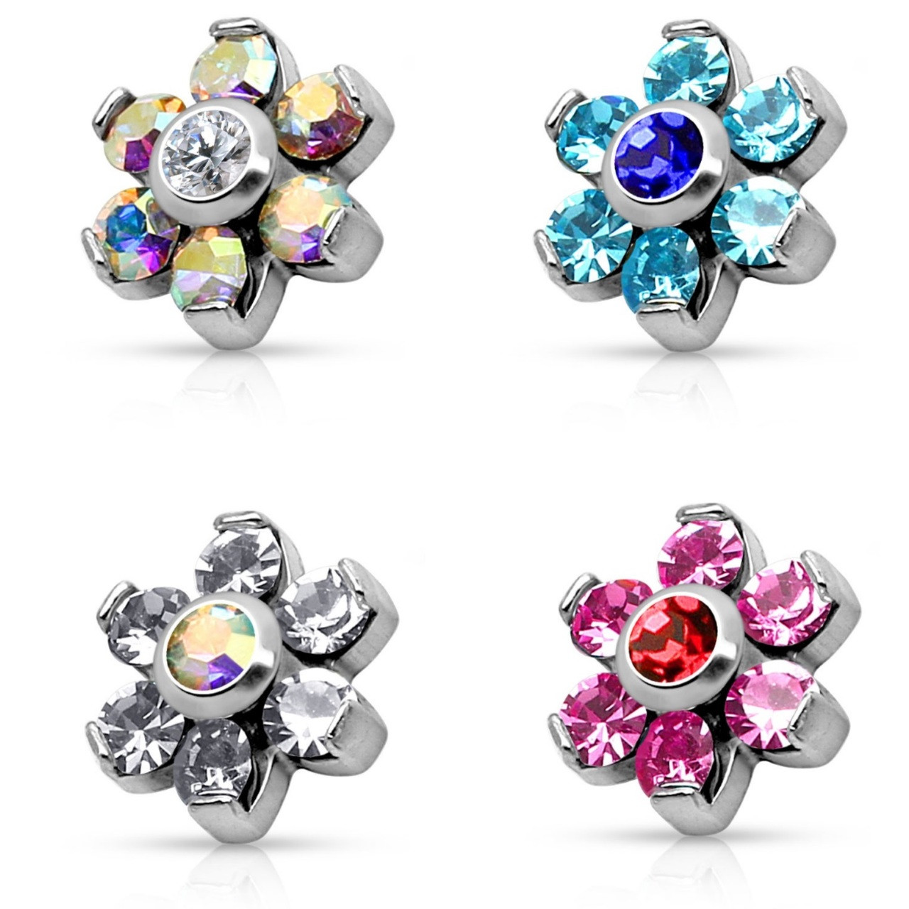 4PC Value Pack Crystal Flower Dermal Anchor Tops | BodyDazz