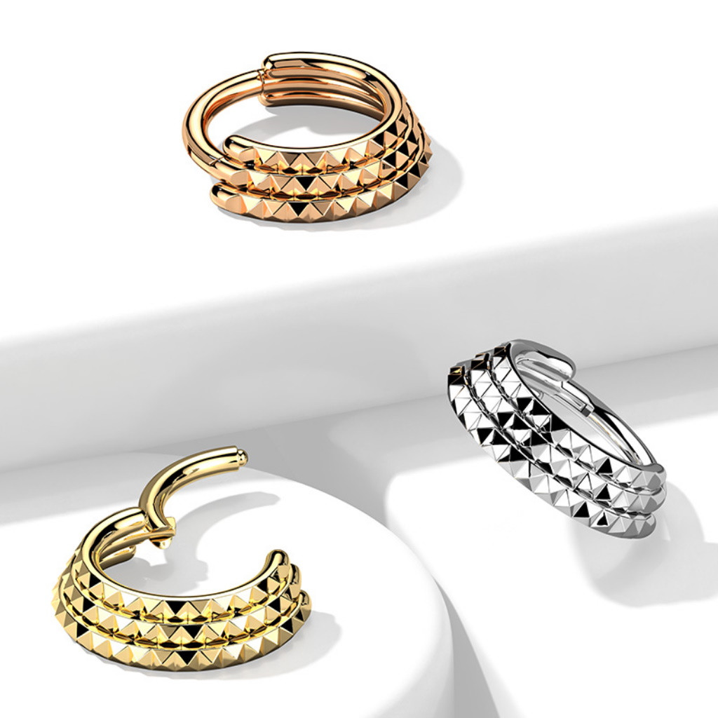 Triple Lined Pyramid Cut Hinged Segment Ring 16G | BodyDazz.com