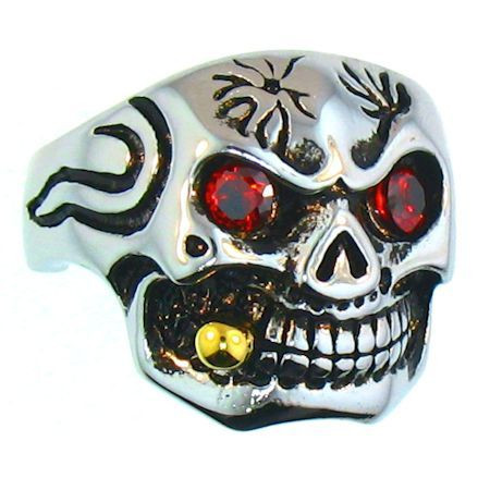 Stainless Steel Skull Red CZ Eyes Ring Biting Bullet - keys love jewelry
