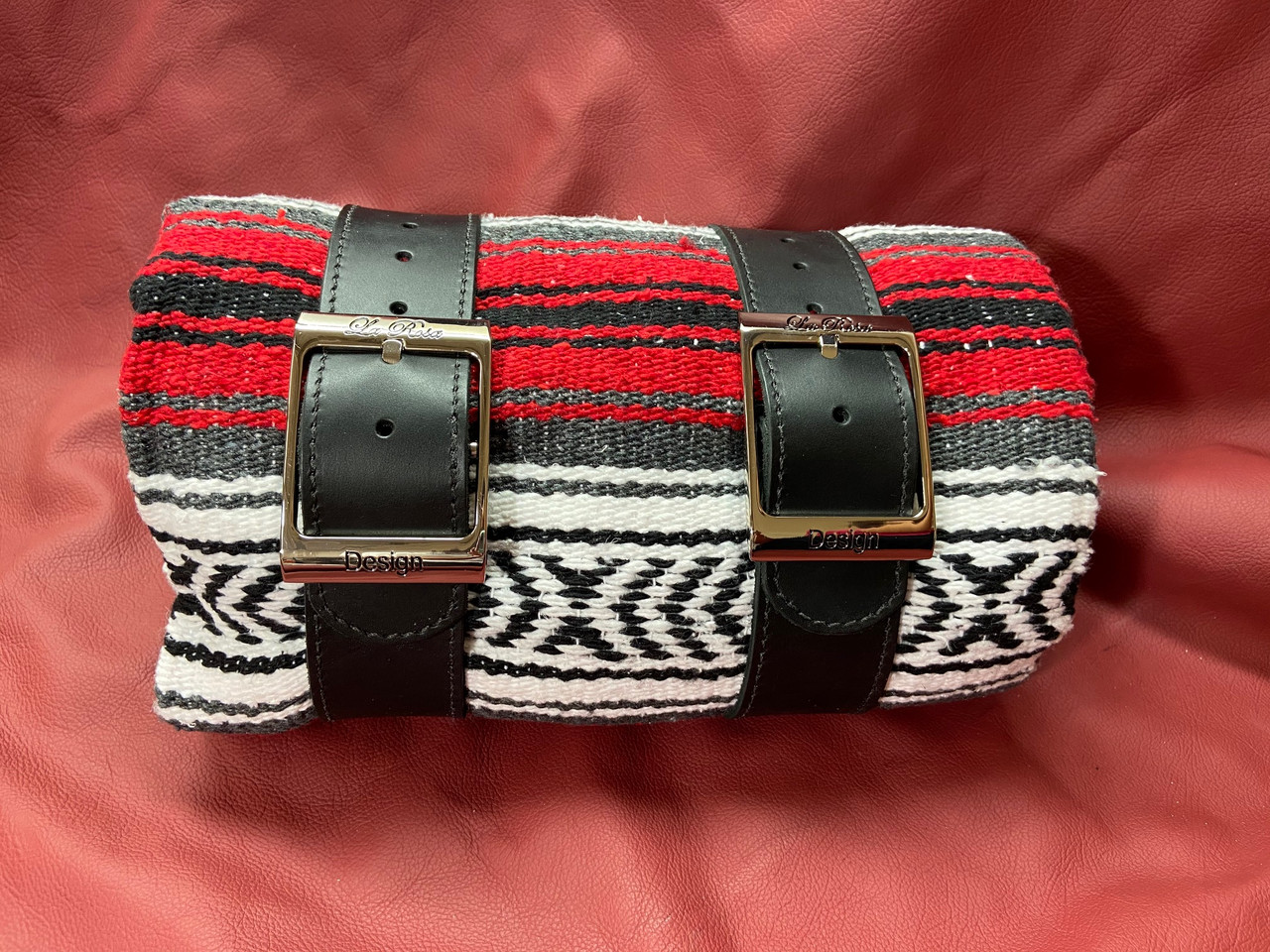 Mexican Serape Roll-up Blanket with Black Leather Belts- Red Serape ...