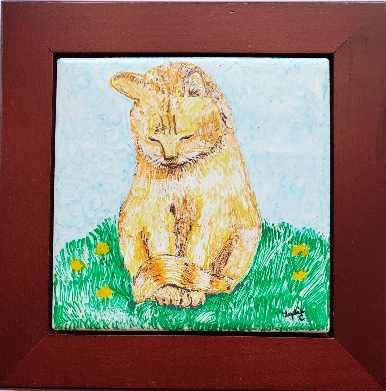 cat lover's ceramic tile painted with markers and framed