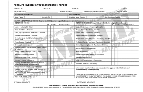 Electric Forklift | Pre-shift Inspection Checklist