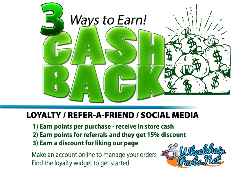 Wheelchair Parts Rewards Program, earn cash back for loyalty and referrals.
