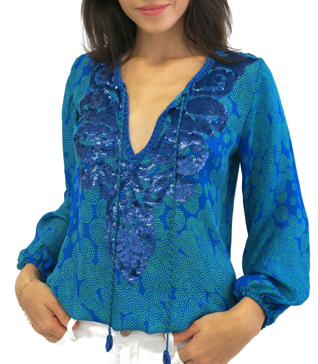 Taj by Sabrina Silk Hand Beaded Top Blue and Green Print | Shop ...