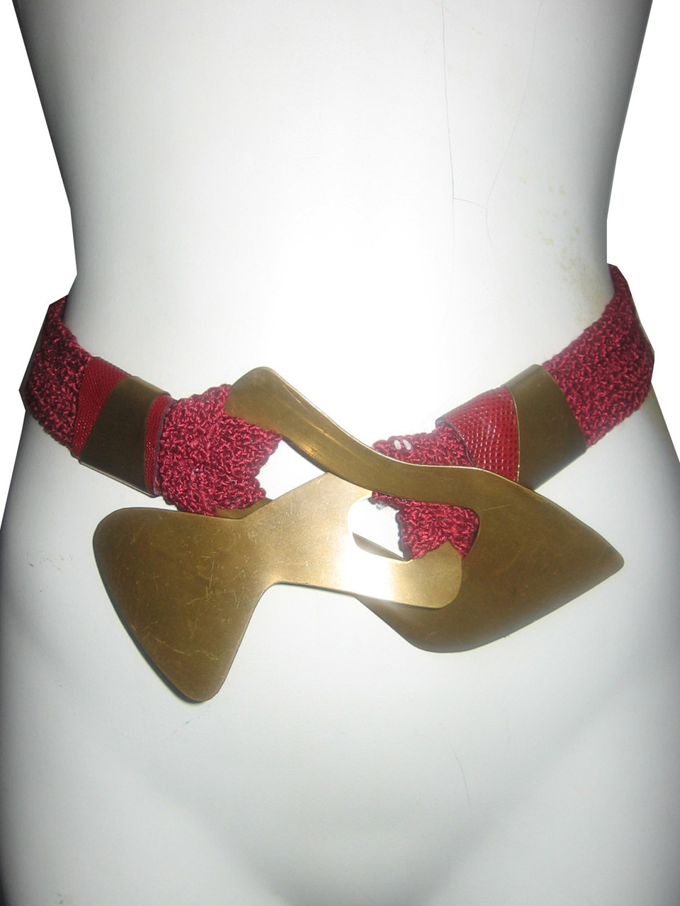Vintage Maroon Big Gold Buckle Leather Trim Textured Stretch Statement ...