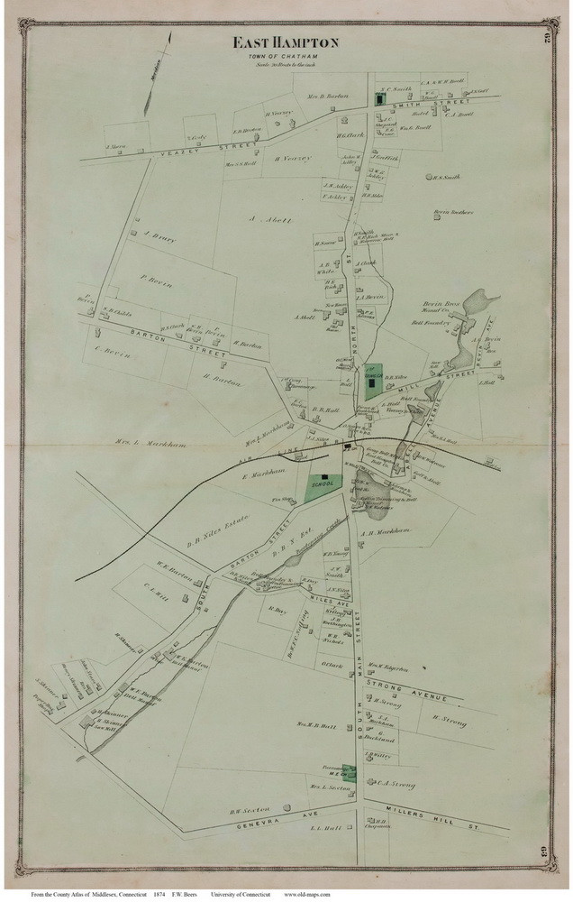 East Hampton Village Connecticut 1874 Old Town Map Reprint Middlesex