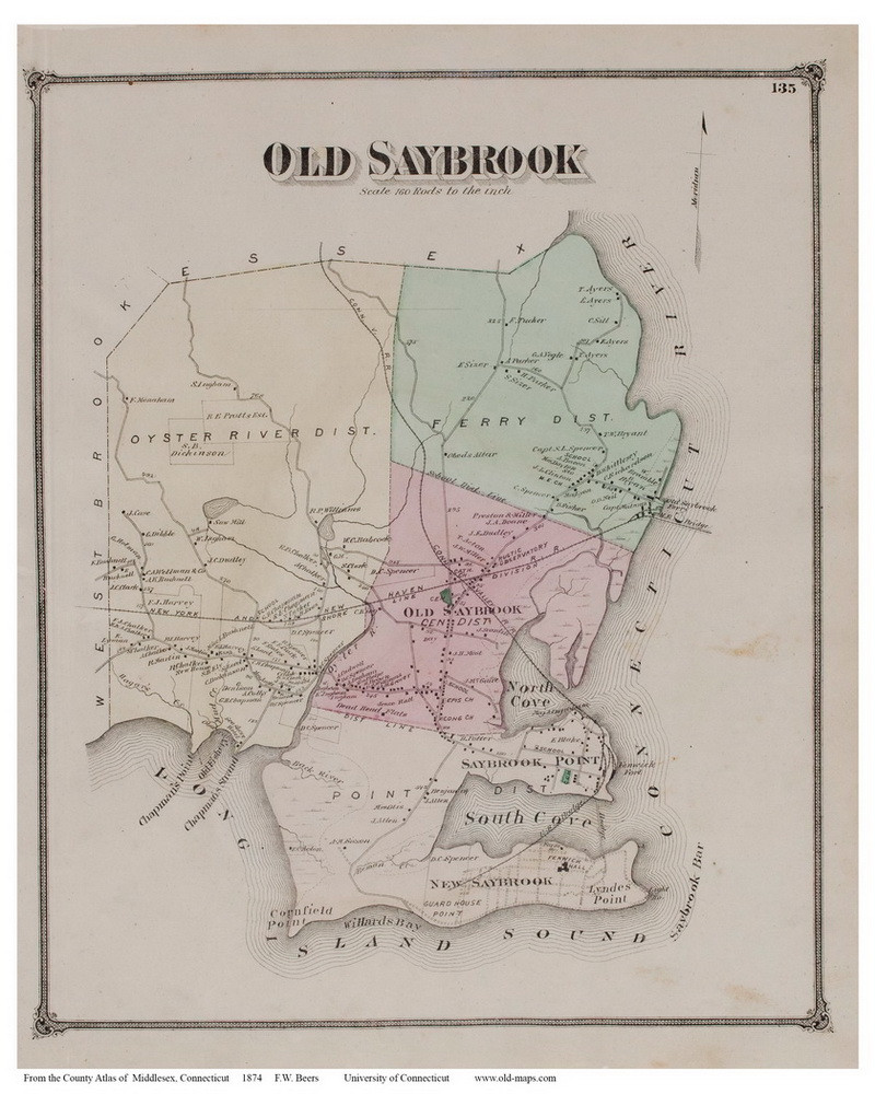 Old Saybrook Connecticut 1874 Old Town Map Reprint Middlesex Co Old Maps