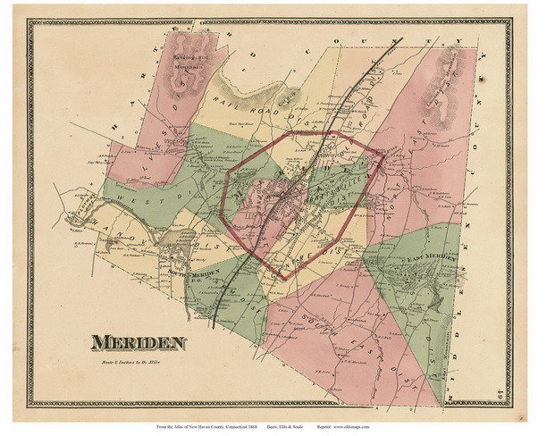 Meriden, Connecticut 1868 Old Town Map Reprint - New Haven Co. - OLD MAPS