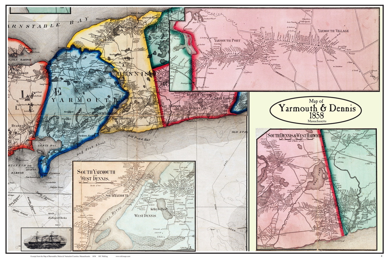 Yarmouth & Dennis Poster Map, 1858 Barnstable Co. MA - OLD MAPS