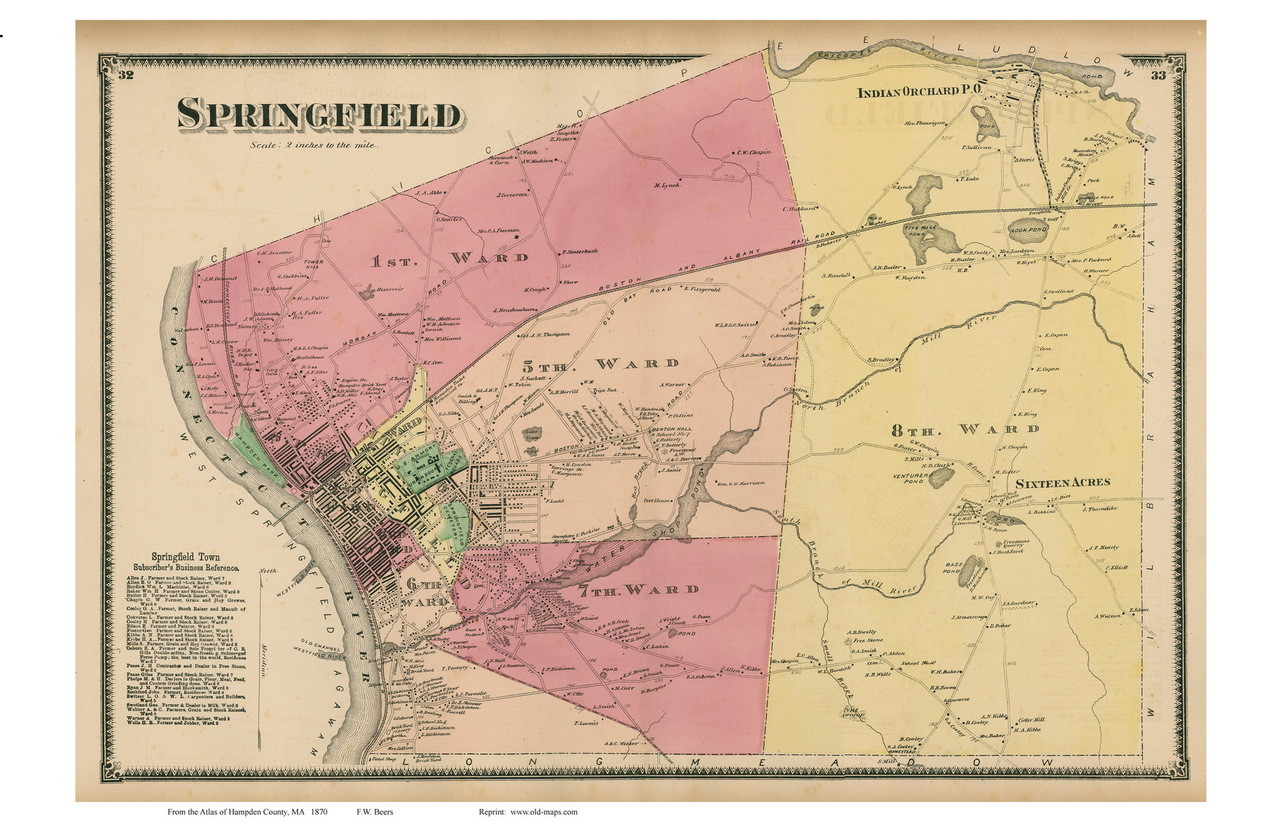 Springfield Massachusetts 1870 Old Town Map Reprint Hampden Co Old Maps