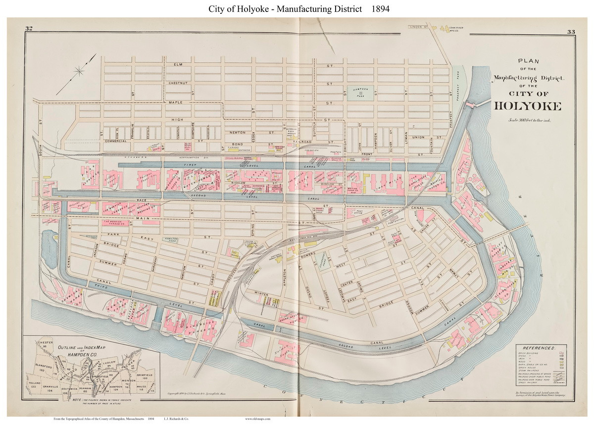 Holyoke City - Manutfacturing District, Massachusetts 1894 Old Town Map ...