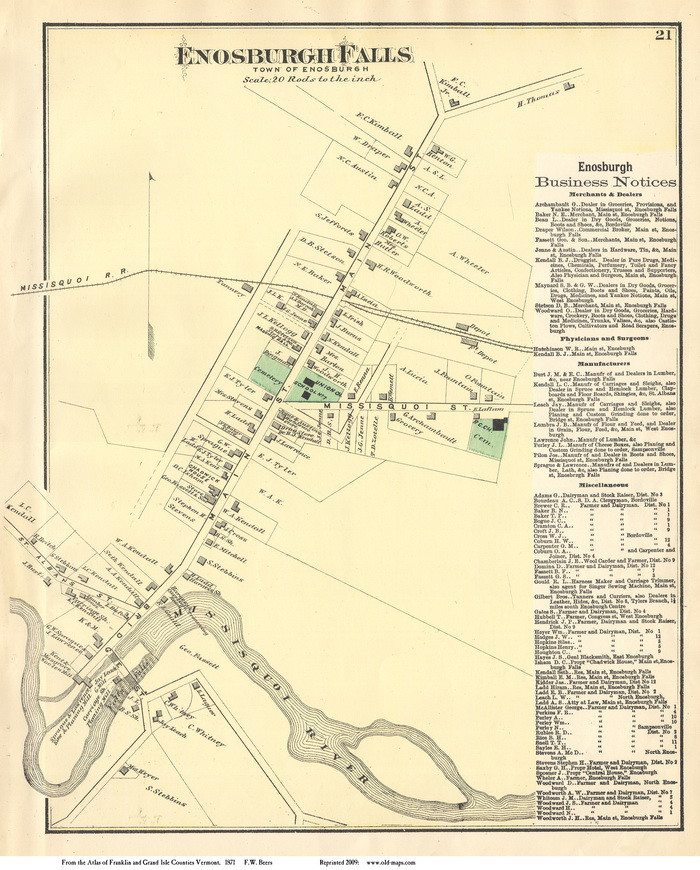 Enosburgh Falls Village, Vermont 1871 Old Town Map Reprint - Franklin ...