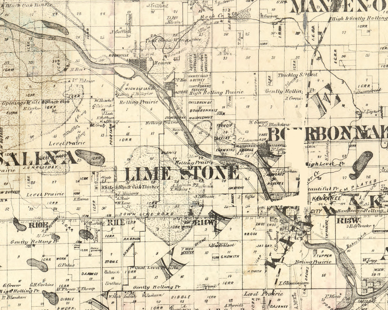 Lime Stone, Illinois 1860 Old Town Map Custom Print - Iroquois ...