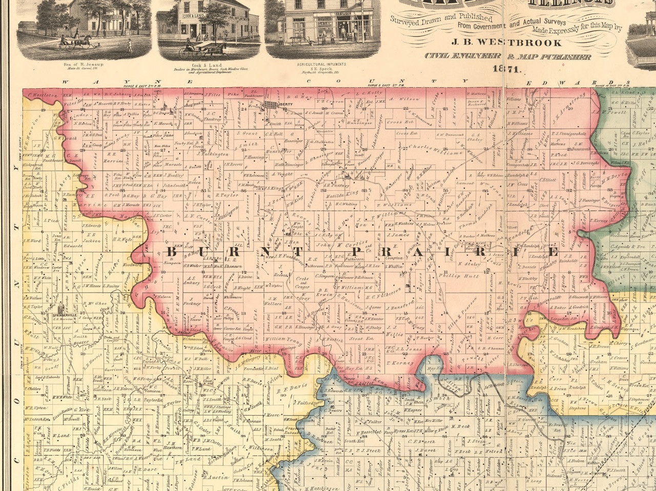 Burnt Prairie, Illinois 1871 Old Town Map Custom Print - White Co ...