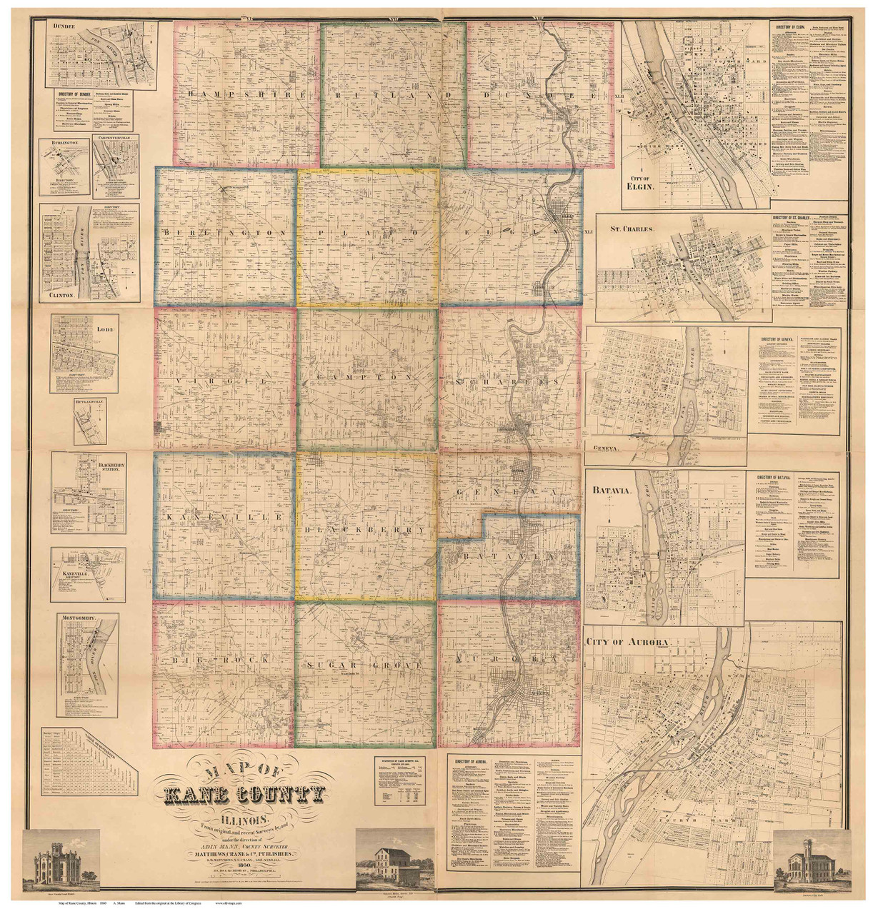 Kane County, Illinois 1860 - Old Map Reprint - OLD MAPS