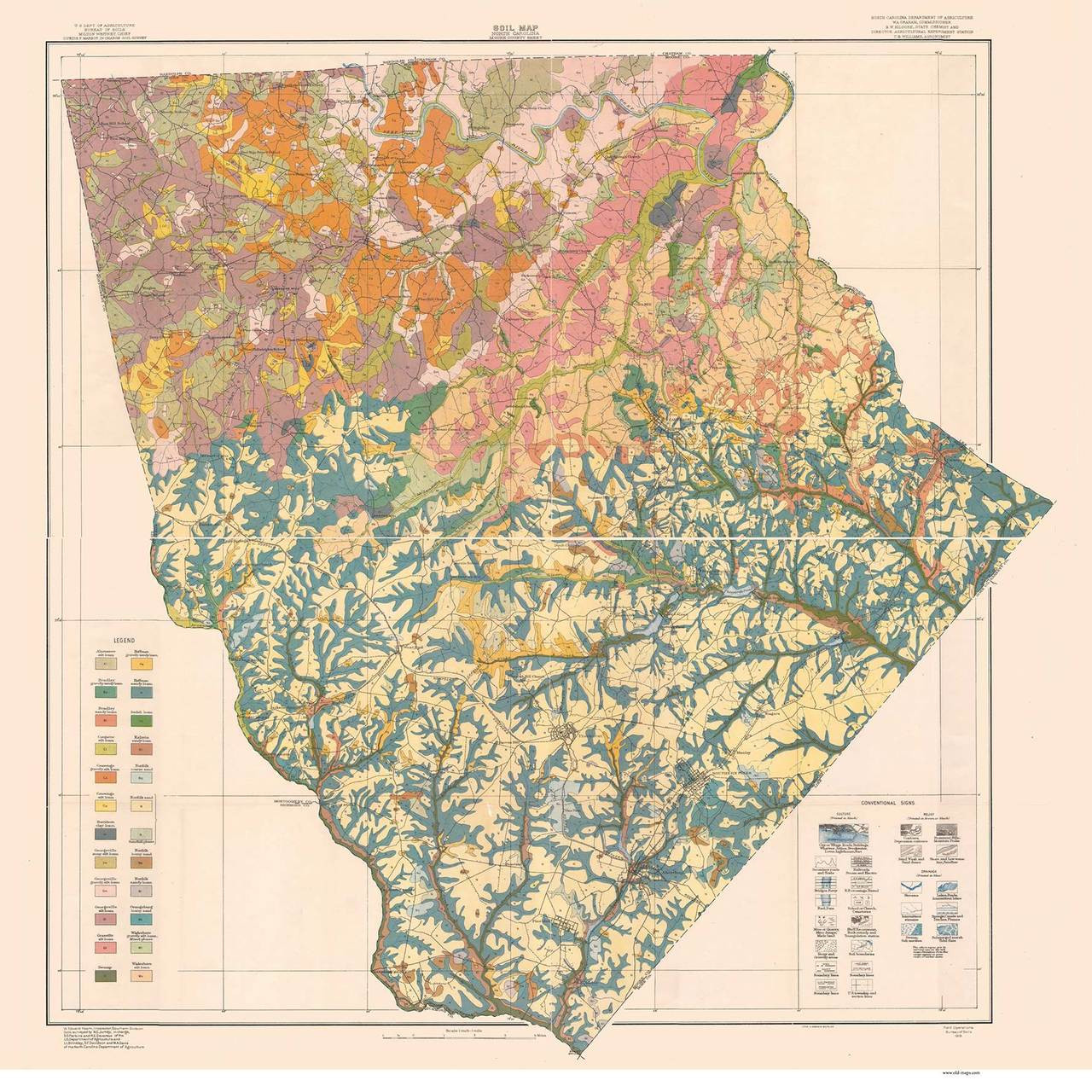 Moore County Soils Map, 1919 North Carolina - Old Map Reprint - OLD MAPS
