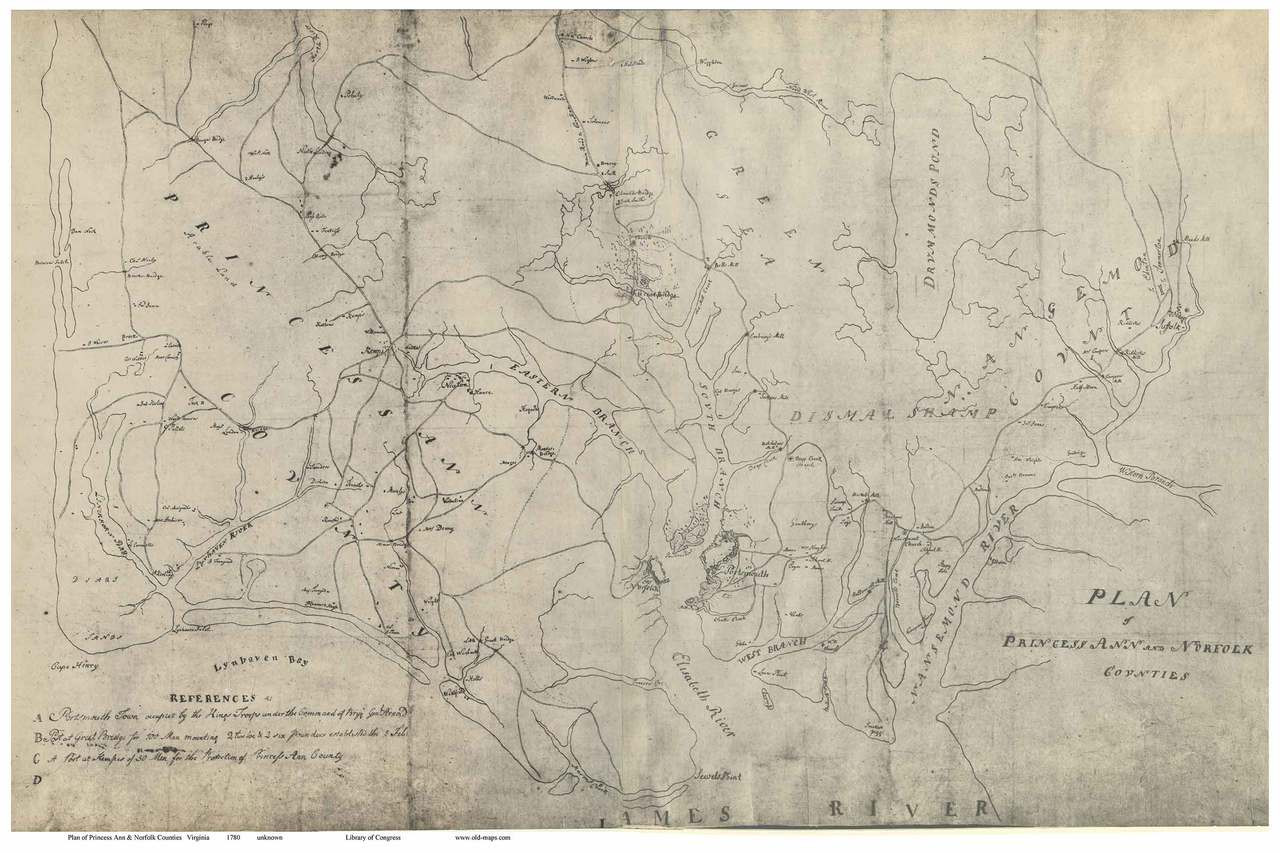Princess Ann And Norfolk County Virginia 1780 Old Map Reprint Old Maps