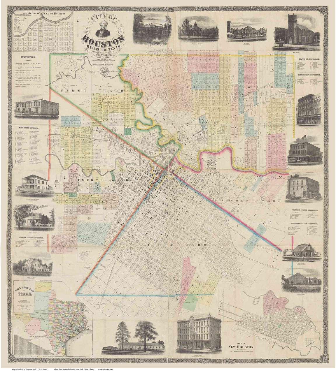 Houston 1869 Wood - Old Map Reprint - Texas Cities - OLD MAPS