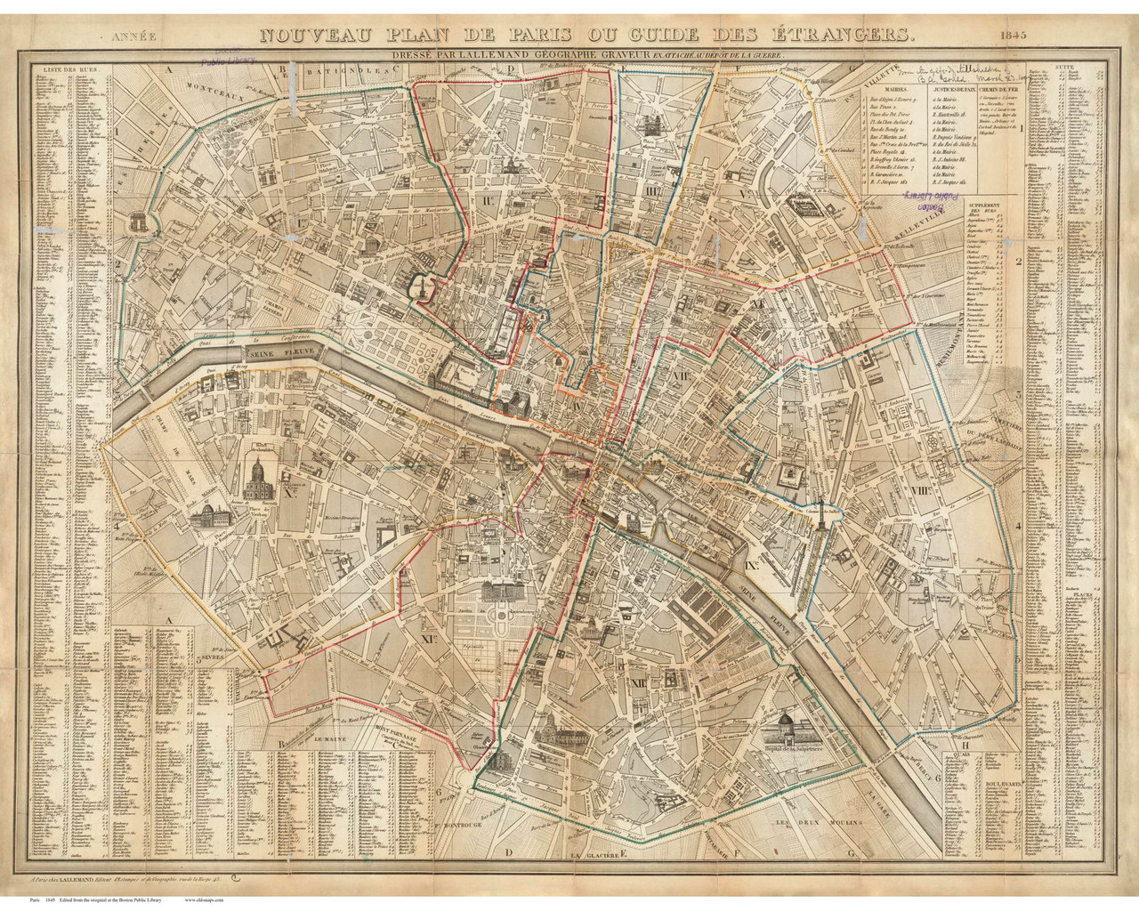 Paris, France 1845 Lallemand - Old Map Reprint - OLD MAPS