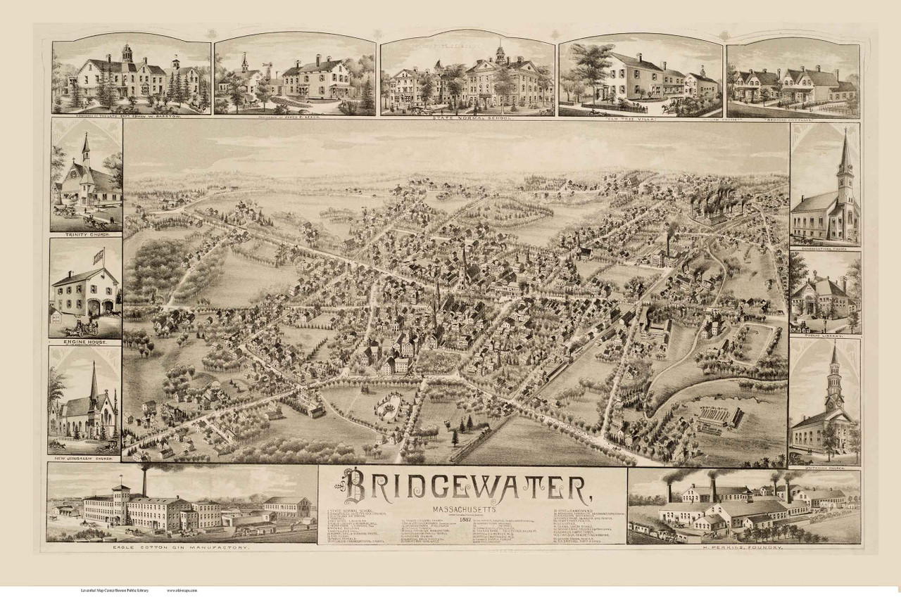 Bridgewater, Massachusetts 1887 Bird's Eye View - Old Map Reprint BPL ...