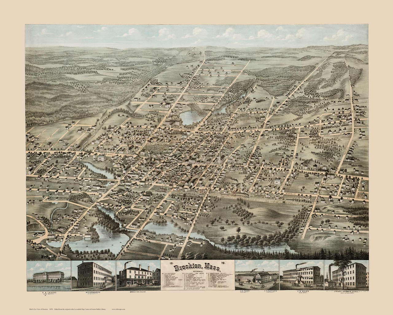 Brockton Massachusetts 1878 Birds Eye View Old Map Reprint Bpl Old Maps