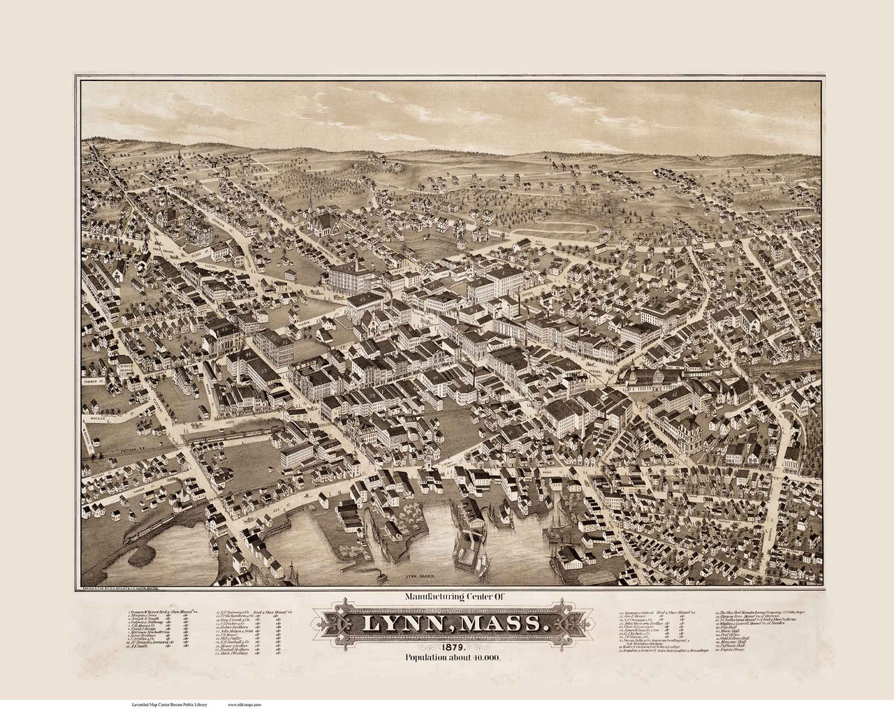 Lynn Massachusetts 1879 Birds Eye View Old Map Reprint Bpl Old Maps