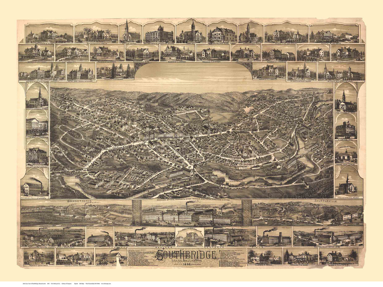 Southbridge, Massachusetts 1892 Bird's Eye View - Old Map Reprint - OLD ...