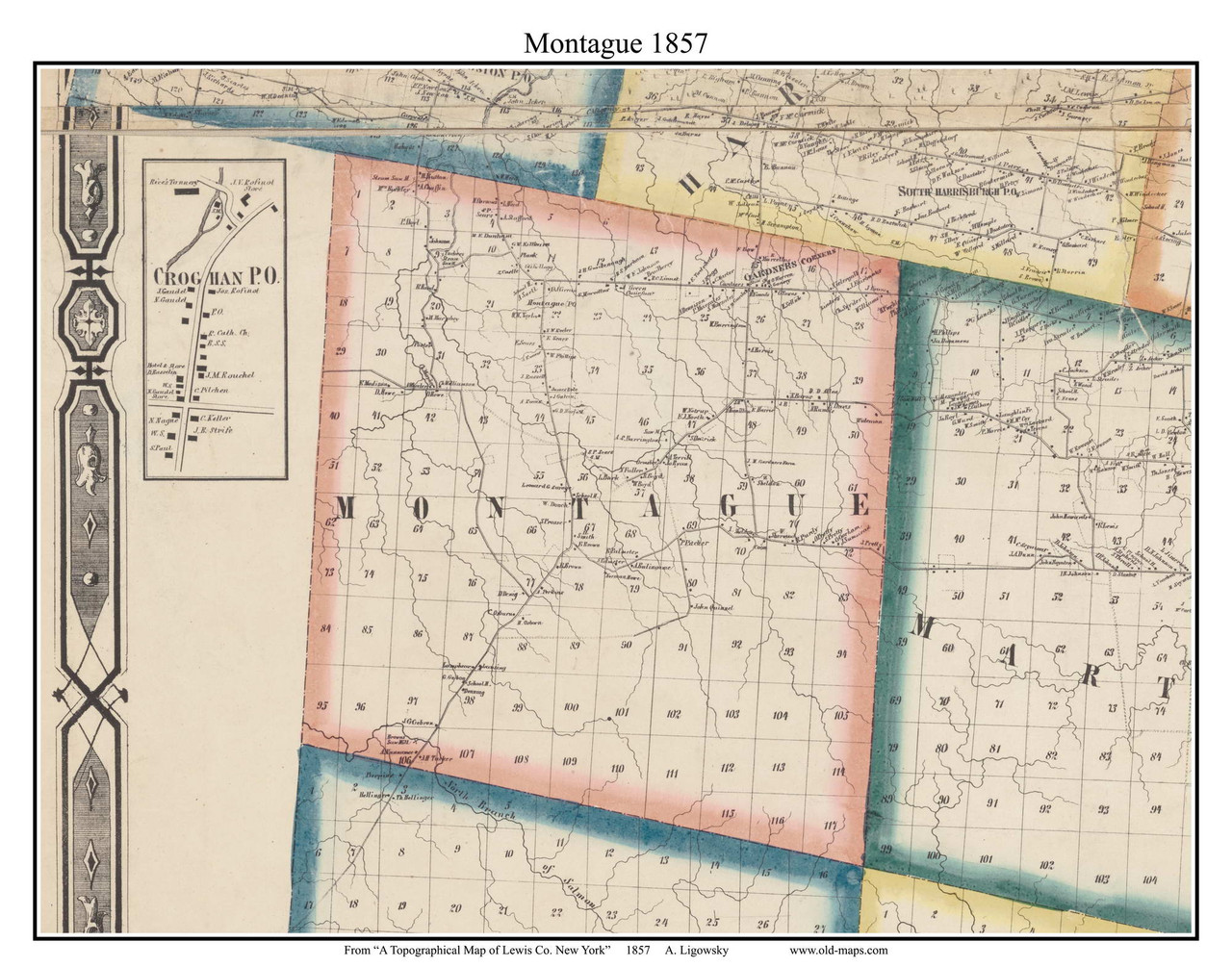 Montague, New York 1857 Old Town Map Custom Print with Homeowner Names ...
