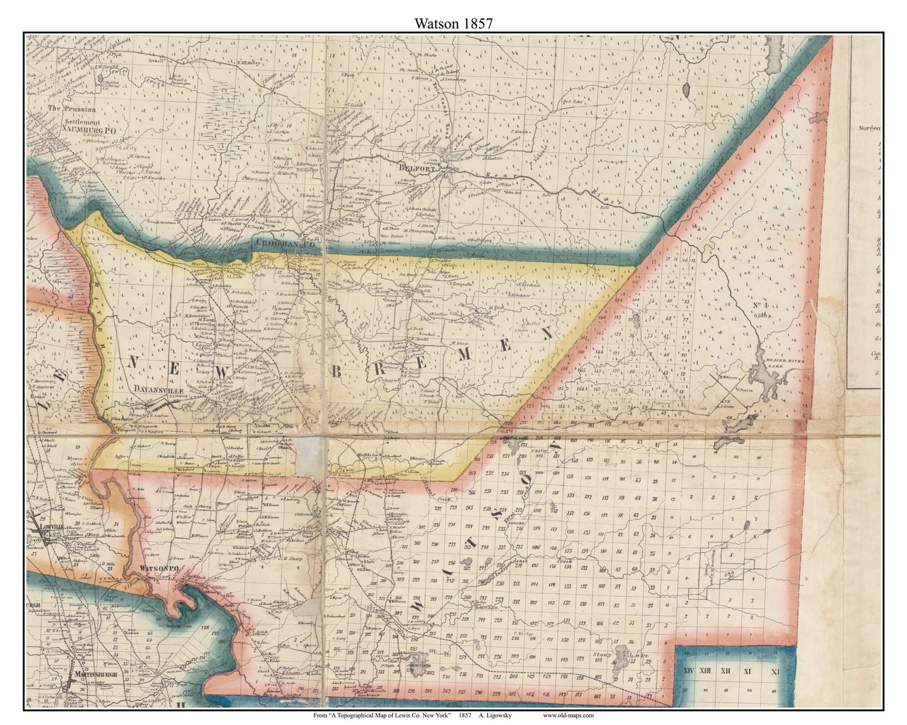 Watson, New York 1857 Old Town Map Custom Print with Homeowner Names ...