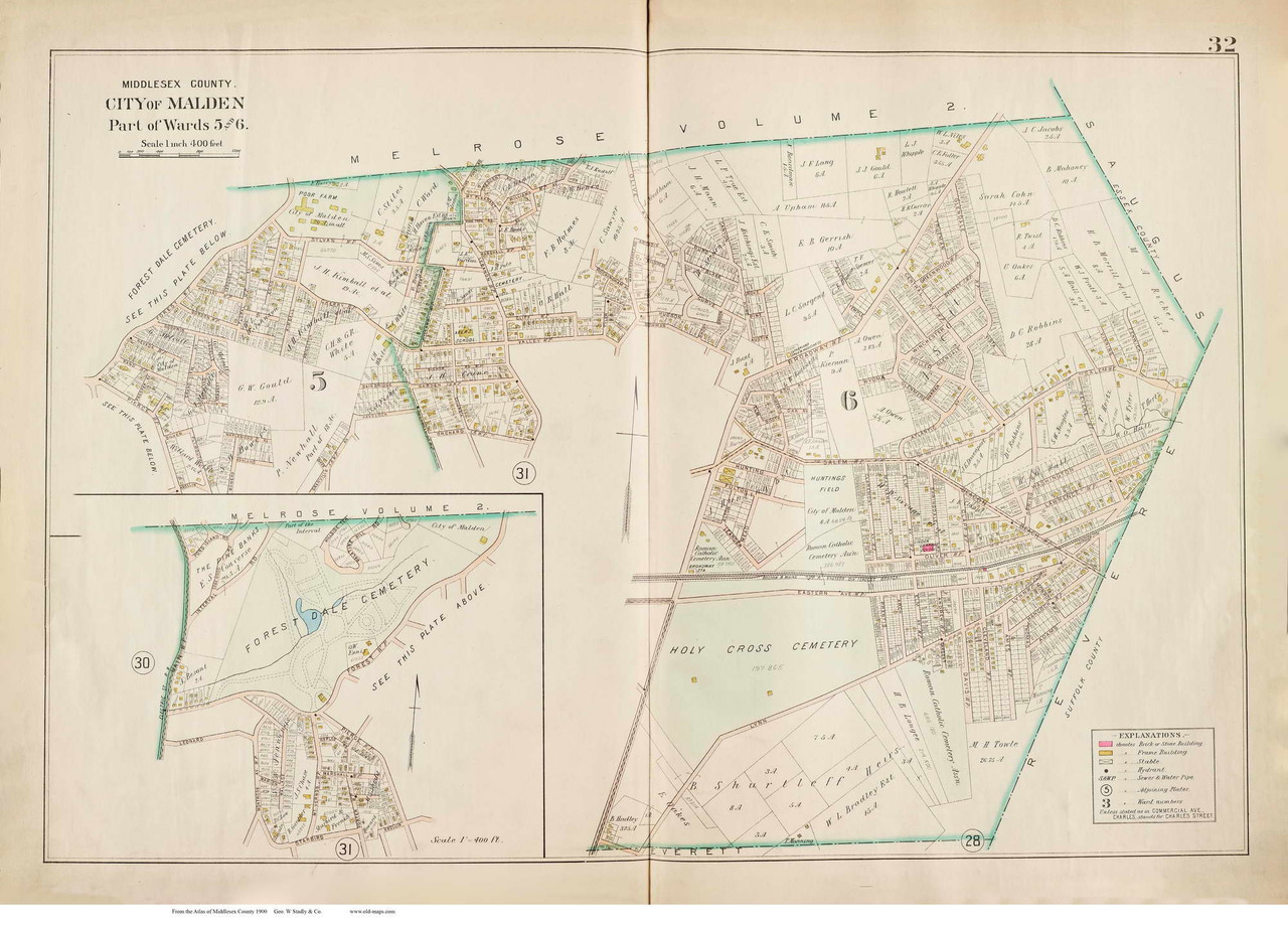 Plate 32, Malden - parts of Wards 5 and 6, 1900 - Old Street Map ...