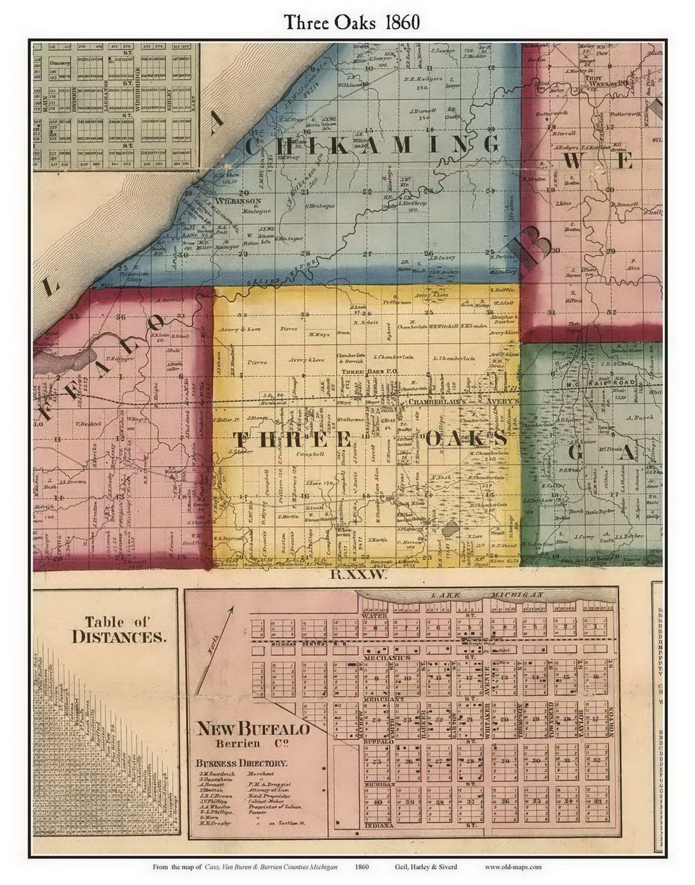Three Oaks, Michigan 1860 Old Town Map Custom Print - Berrien Co. - OLD ...