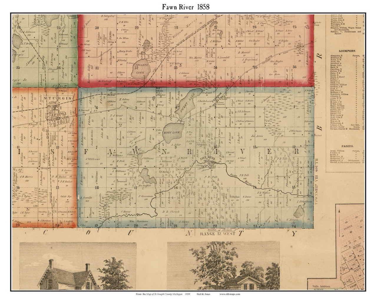 Fawn River, Michigan 1858 Old Town Map Custom Print - St. Joseph Co ...