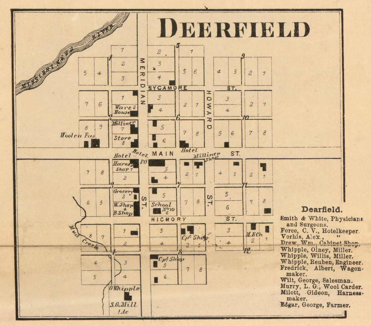Deerfield Village, Ward, Indiana 1865 Old Town Map Custom Print ...