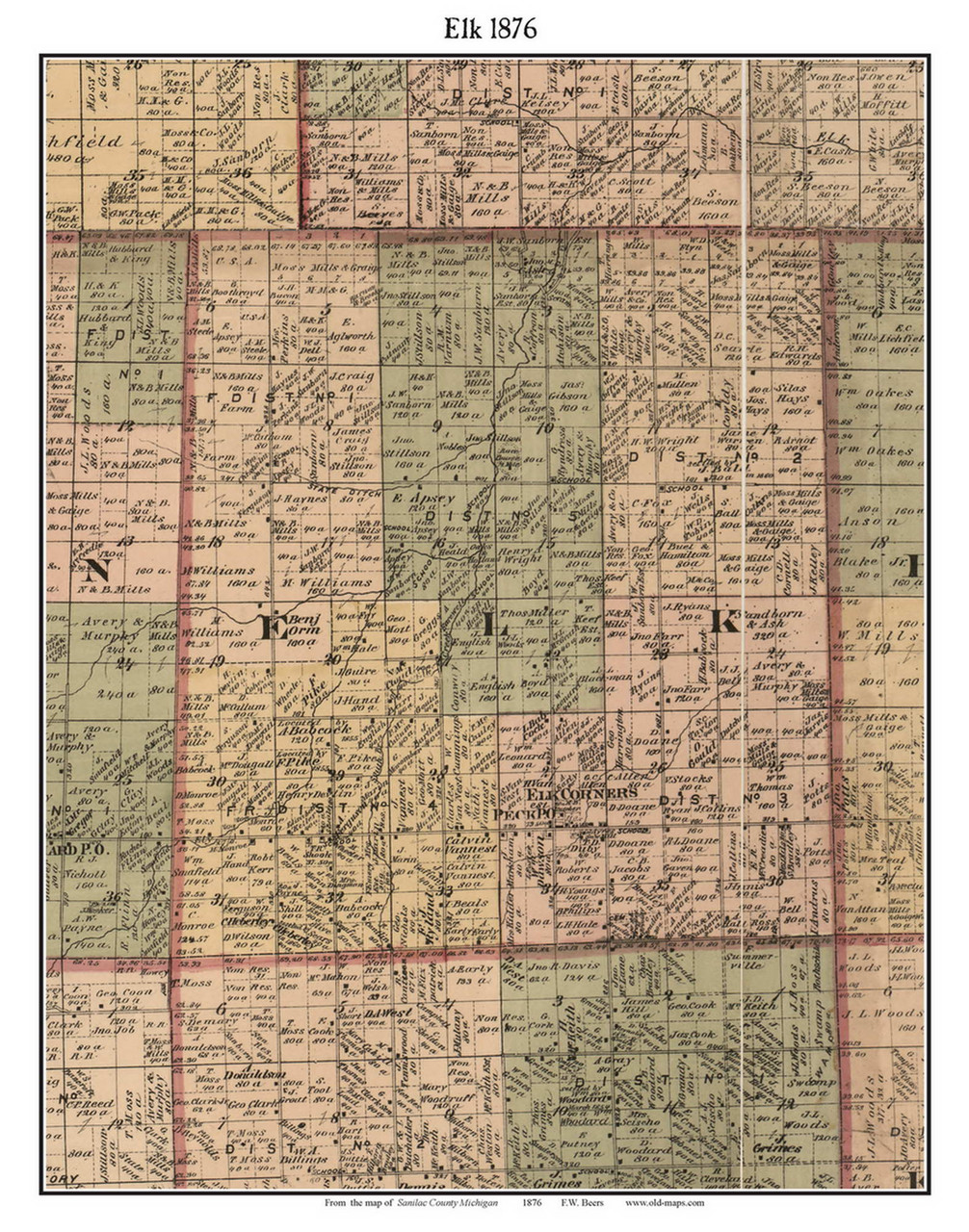 Elk, Michigan 1876 Old Town Map Custom Print - Sanilac Co. - OLD MAPS