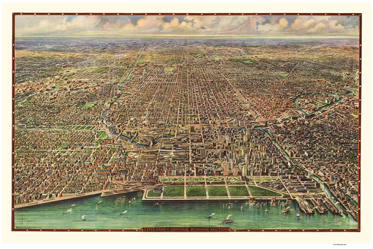 Chicago, Illinois 1916 Bird's Eye View - Central Business Section ...