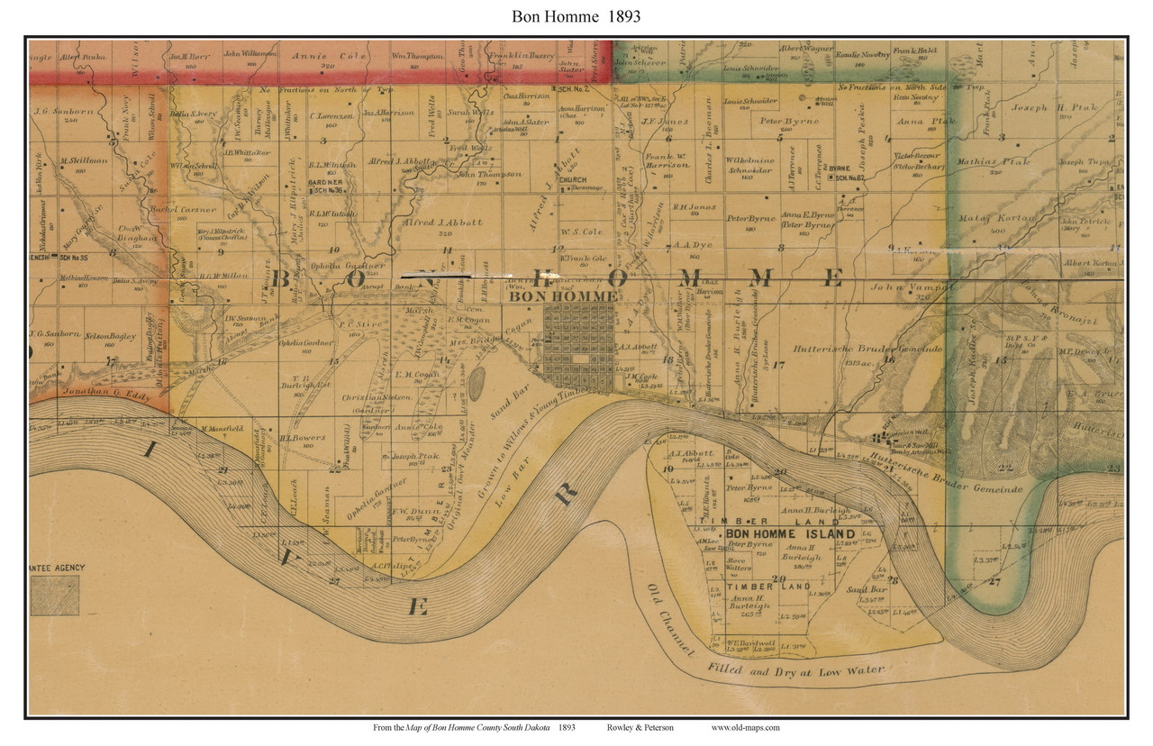 Bon Homme, South Dakota 1893 Old Town Map Custom Print - Bon Homme Co ...