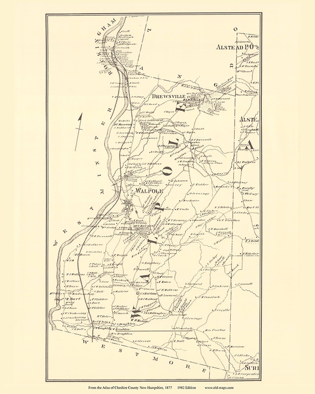 Walpole, New Hampshire 1877 Old Town Map Reprint - Cheshire Co. - OLD MAPS