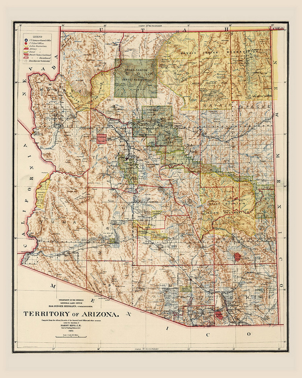 Arizona 1901 GLO - Old State Map Reprint - OLD MAPS