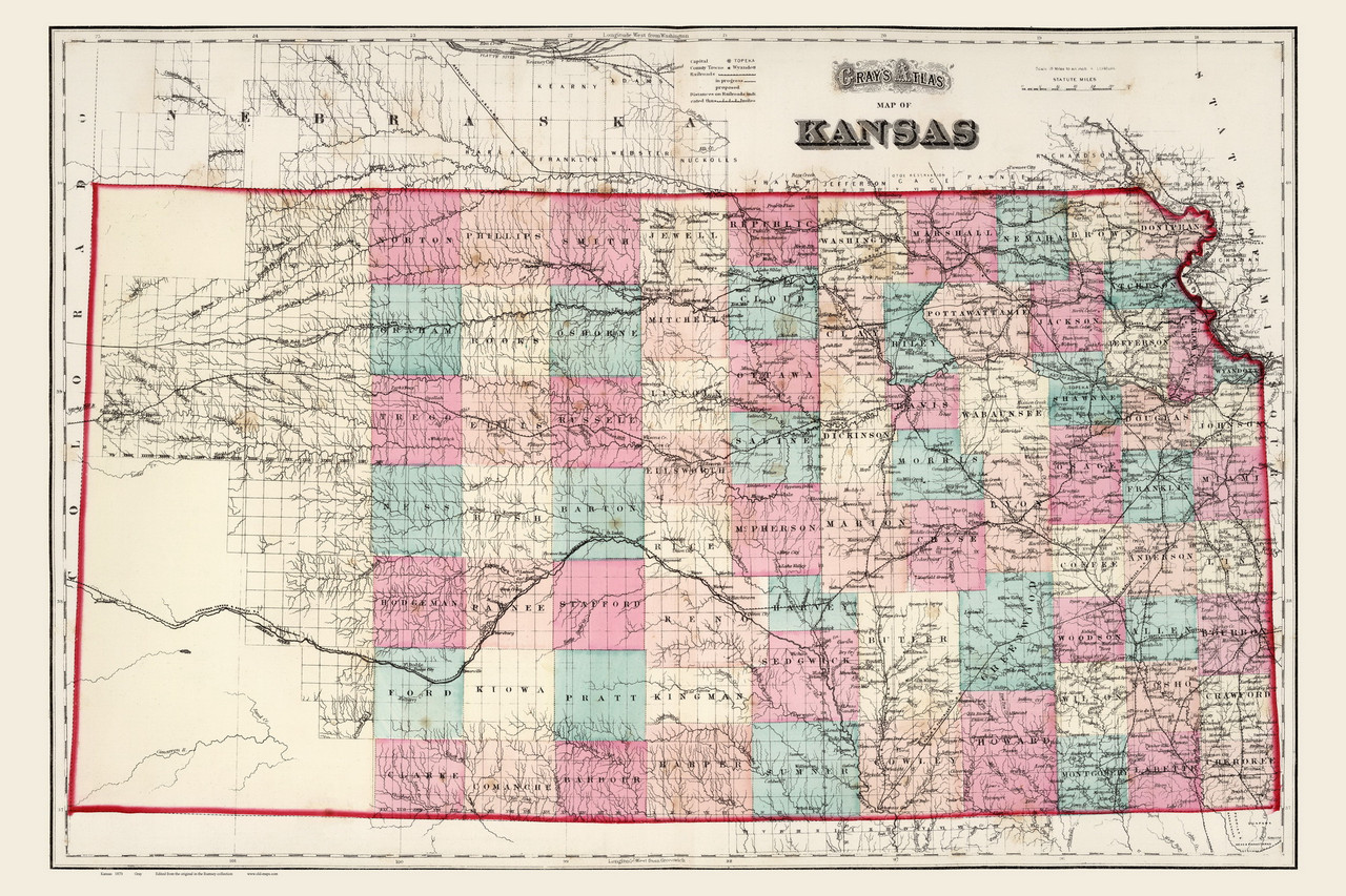 Kansas 1873 Gray - Old State Map Reprint - OLD MAPS