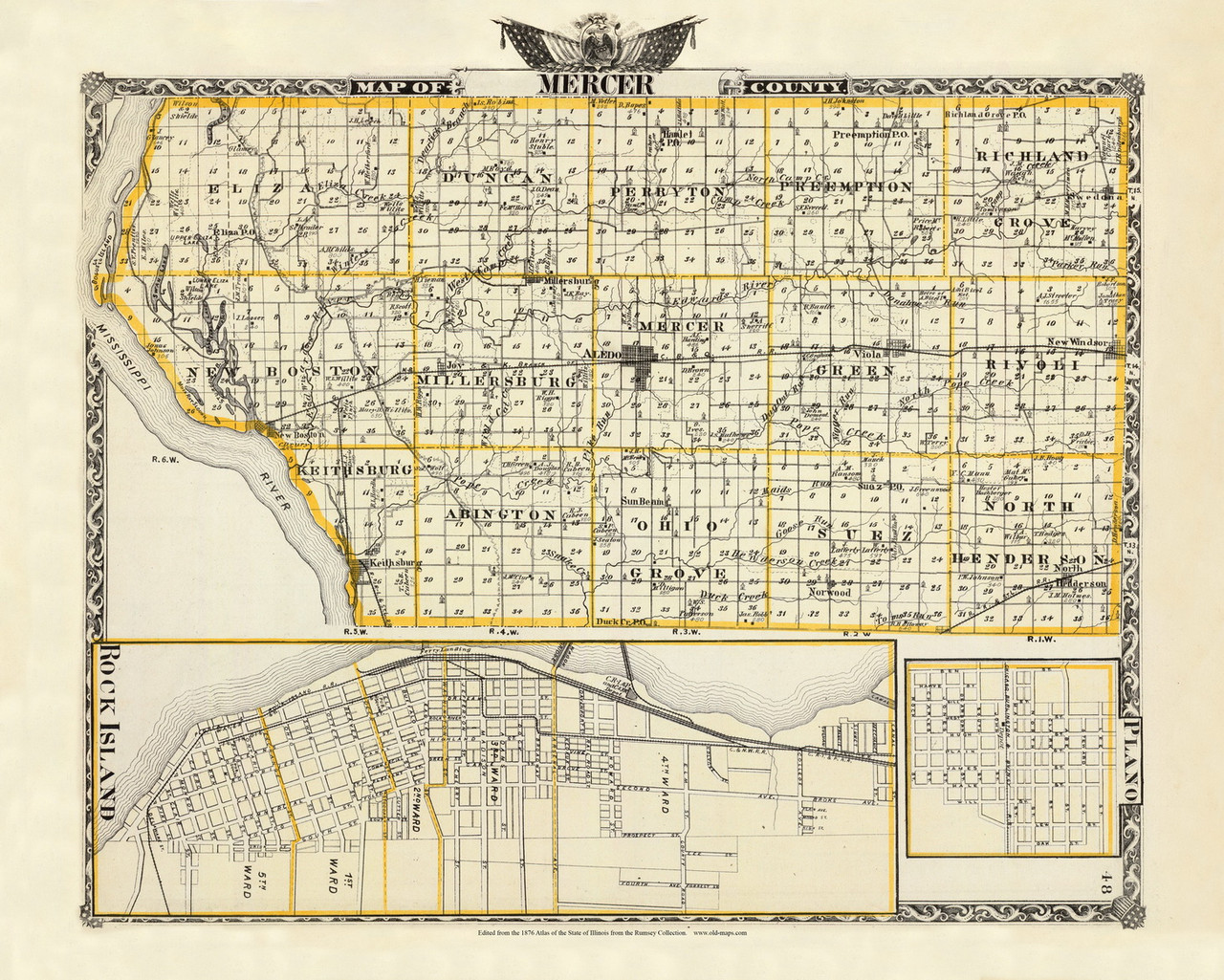 Mercer County 1876 Illinois Old Map Reprint Warner And Beers Illinois State Atlas Old Maps