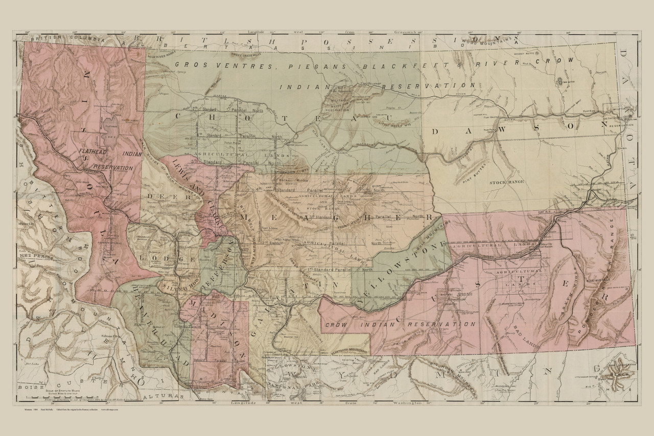 Montana 1884 - Old State Map Reprint - OLD MAPS
