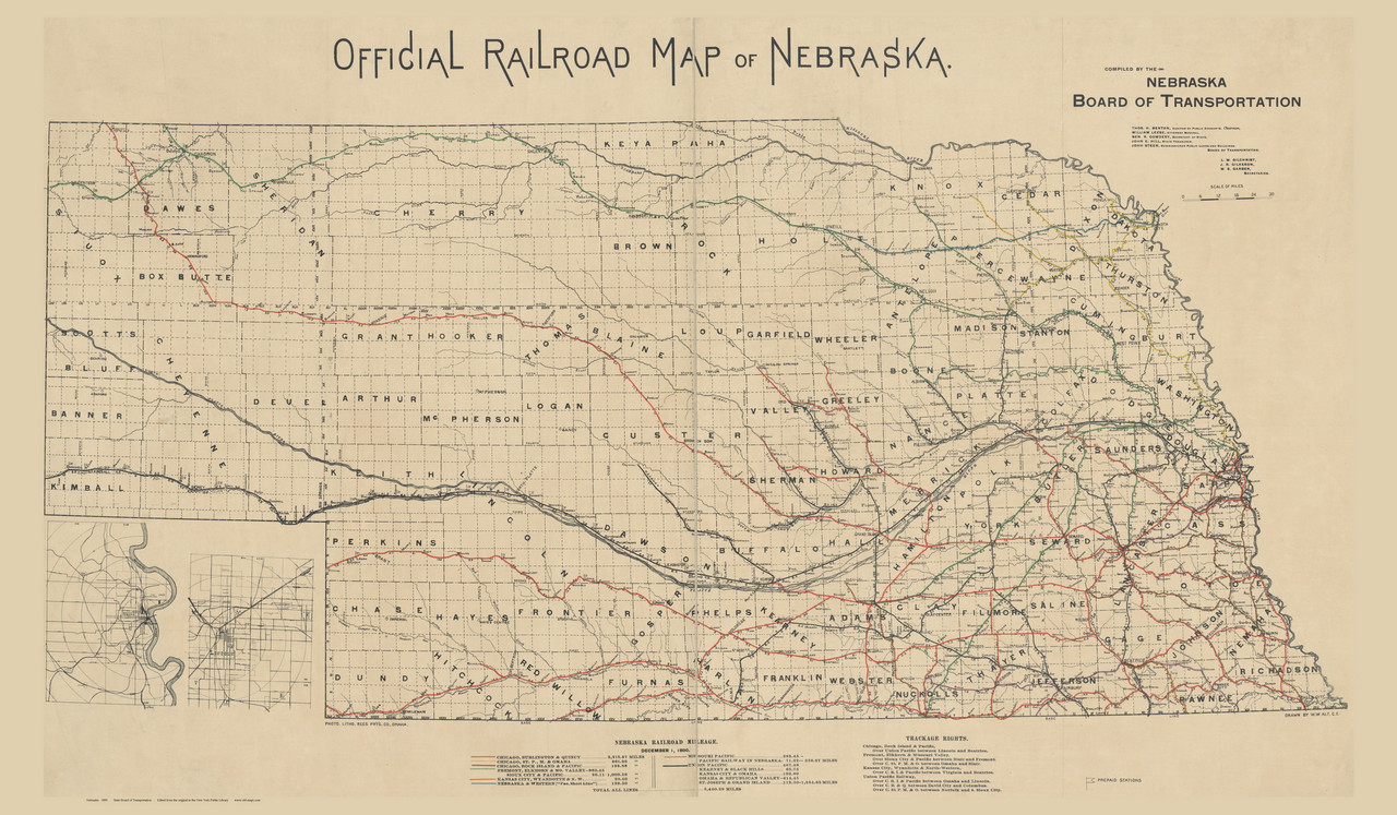 Nebraska 1890 Board of Transportation - Old State Map Reprint - OLD MAPS