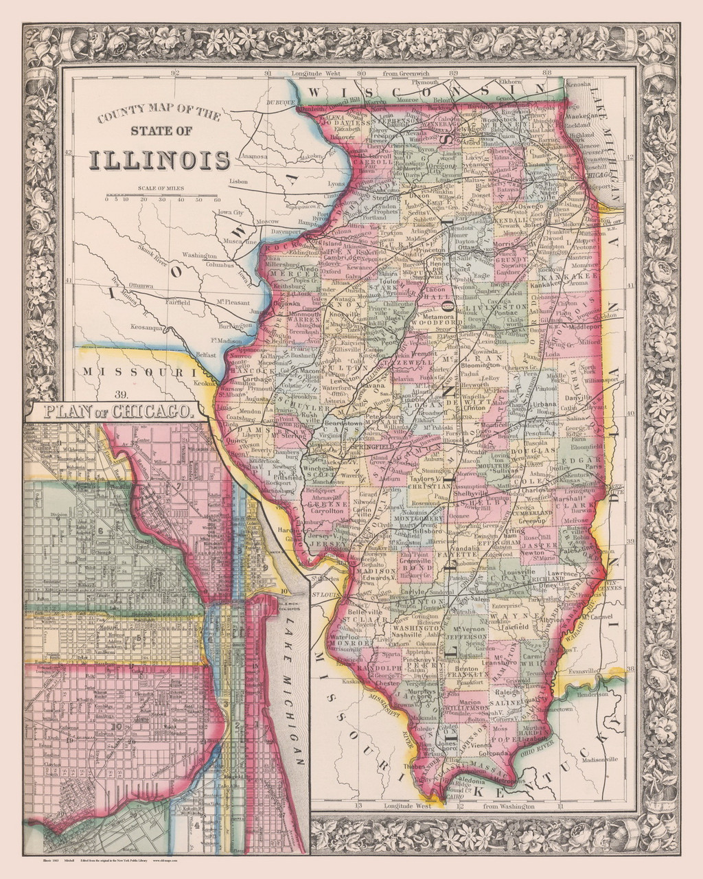 Illinois 1863 Mitchell - Counties - Old State Map Reprint - OLD MAPS