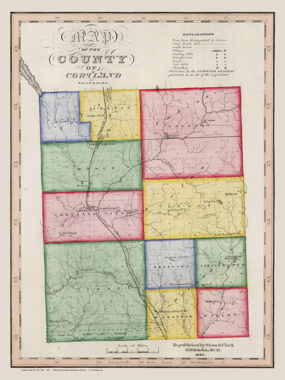 Cortland County New York 1840 - Burr State Atlas - OLD MAPS