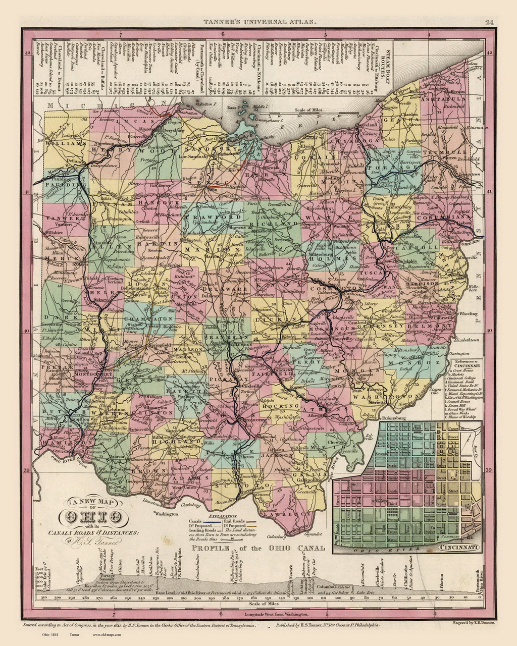 Ohio State 1841 Tanner - Canals, Roads & Distances - Old State Map ...