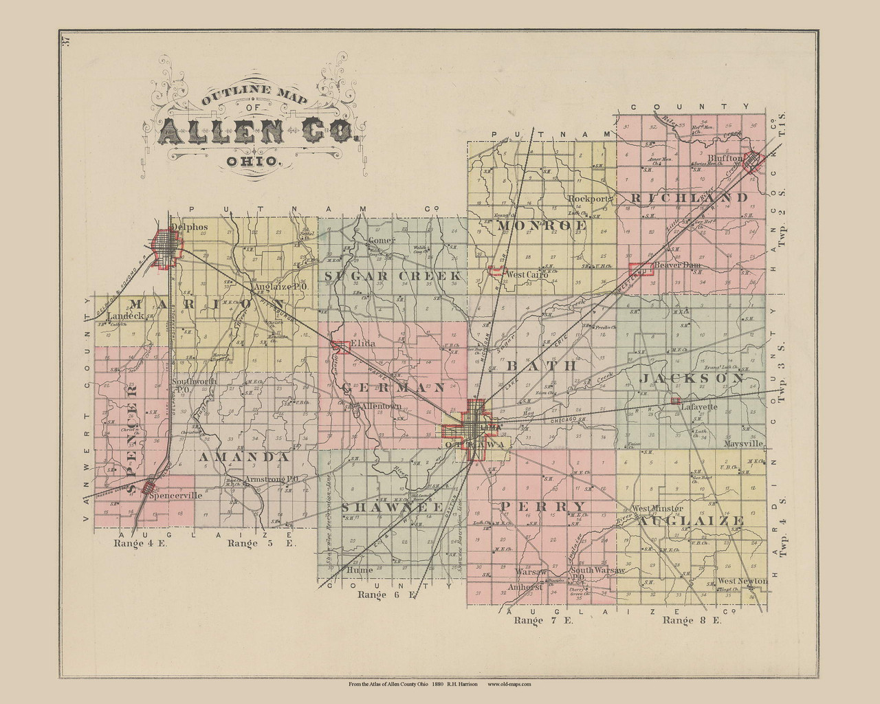 Allen County, Ohio 1880 Old Town Map Custom Reprint - Allen Co. - OLD MAPS