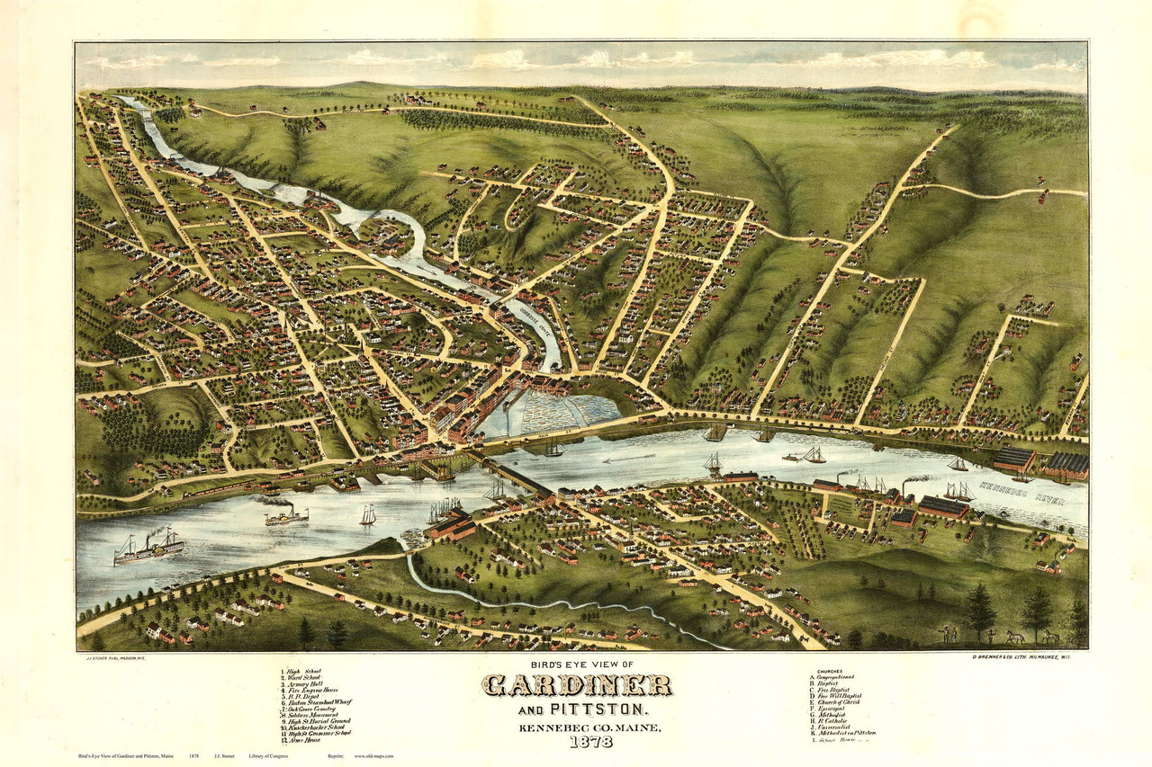 Gardiner and Pittston, Maine 1878 Bird's Eye View - OLD MAPS