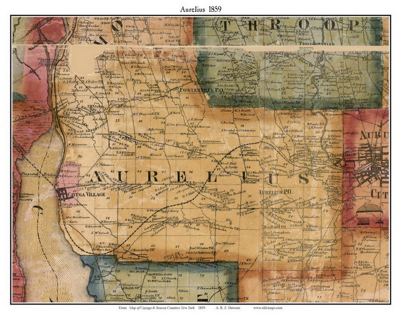 Aurelius, Cayuga Co. New York 1859 Old Town Map Custom Print - Cayuga ...