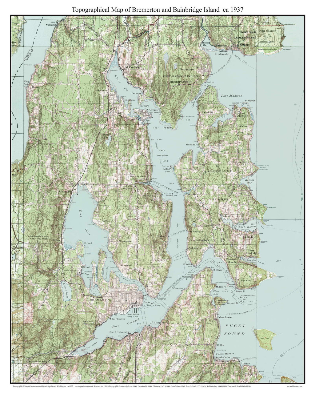 Bremerton and Bainbridge 1937 - Custom USGS Old Topo Map - Washington ...